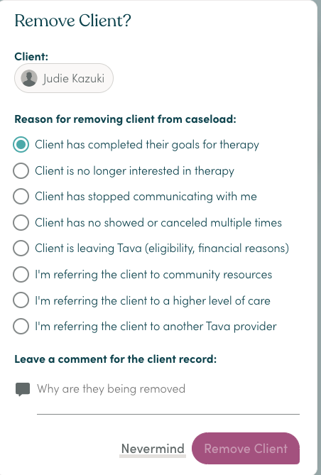 Remove a client from your caseload – Tava Therapist Help Center