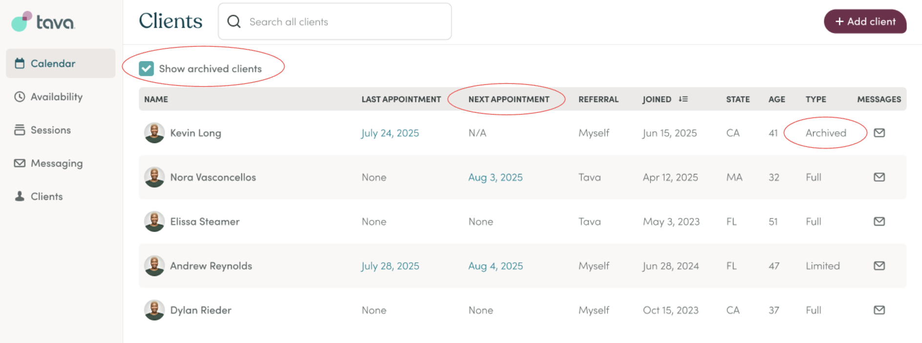 Remove a client from your caseload – Tava Therapist Help Center